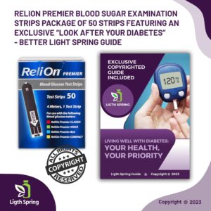 Relion Premier Blood Glucose Test Strips 50ct (2 Pack) Bundle with Exclusive Living Well with Diabetes: Your Health, Your Priority - Better Light&Spring Guide (3 Items)