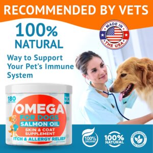 Omega 3 Treats + Salmon Oil for Dogs - Dry & Itchy Skin Relief + Allergy Support - Shiny Coats - EPA&DHA Fatty Acids - Natural Salmon Oil Chews Promotes Hip & Joint Support - Salmon Flavor