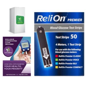 relion prime blood glucose test strips, 50 count bundle with exclusive living well with diabetes: your health, your priority - better light&spring guide (2 items)