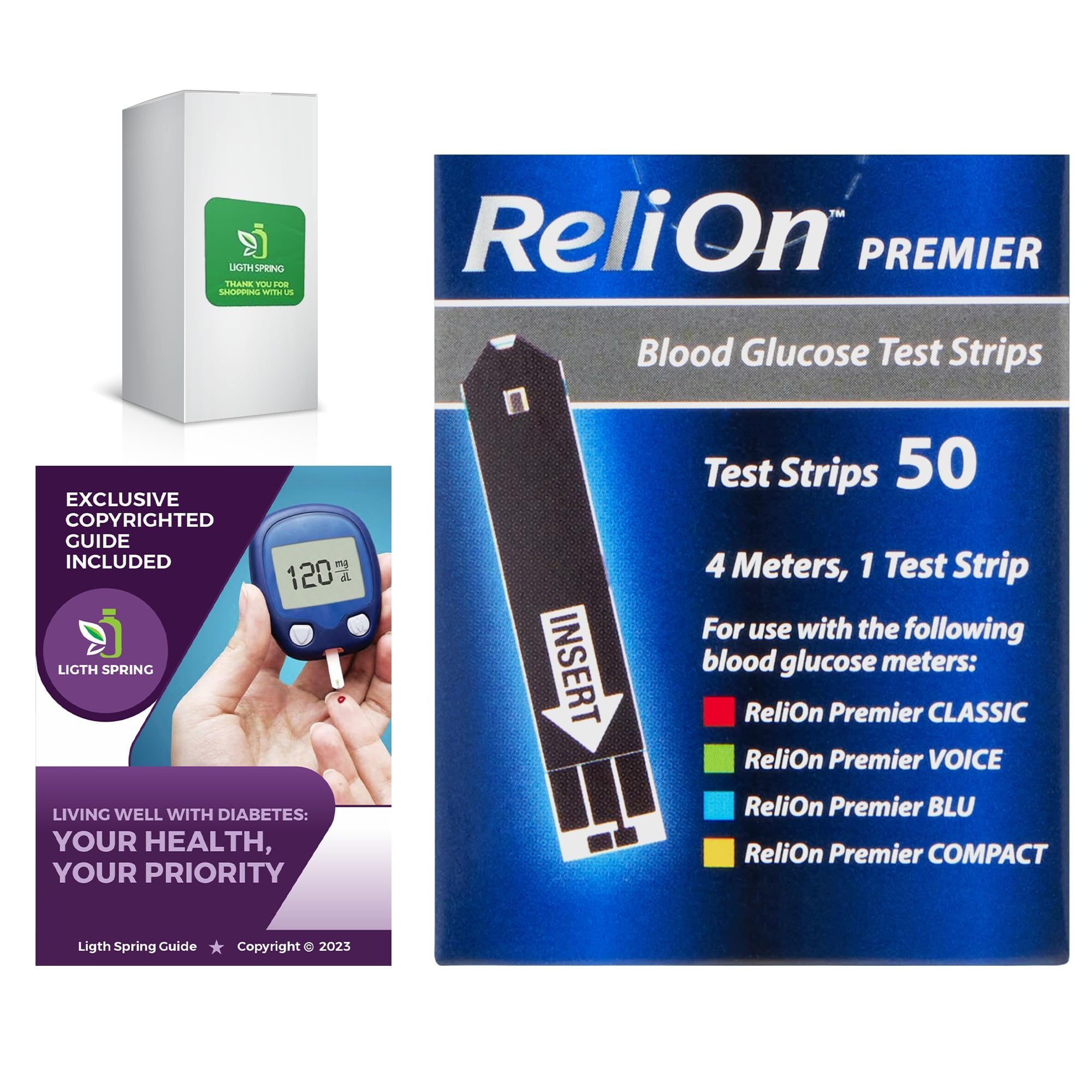 Relion Prime Blood Glucose Test Strips, 50 Count Bundle with Exclusive Living Well with Diabetes: Your Health, Your Priority - Better Light&Spring Guide (2 Items)