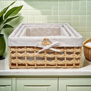 GIB Wicker Storage Baskets Set of 3, Hand-Woven Paper Rope Decorative Rectangular Small Wicker Baskets for Organizing, Cube Storage Bins for Shelves, Natural