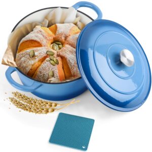 herogo 6 quart enameled cast iron dutch oven with lid and silicone trivet mat, round dutch oven pot blue with dual handles for bread baking stewing roasting various stoves & oven safe