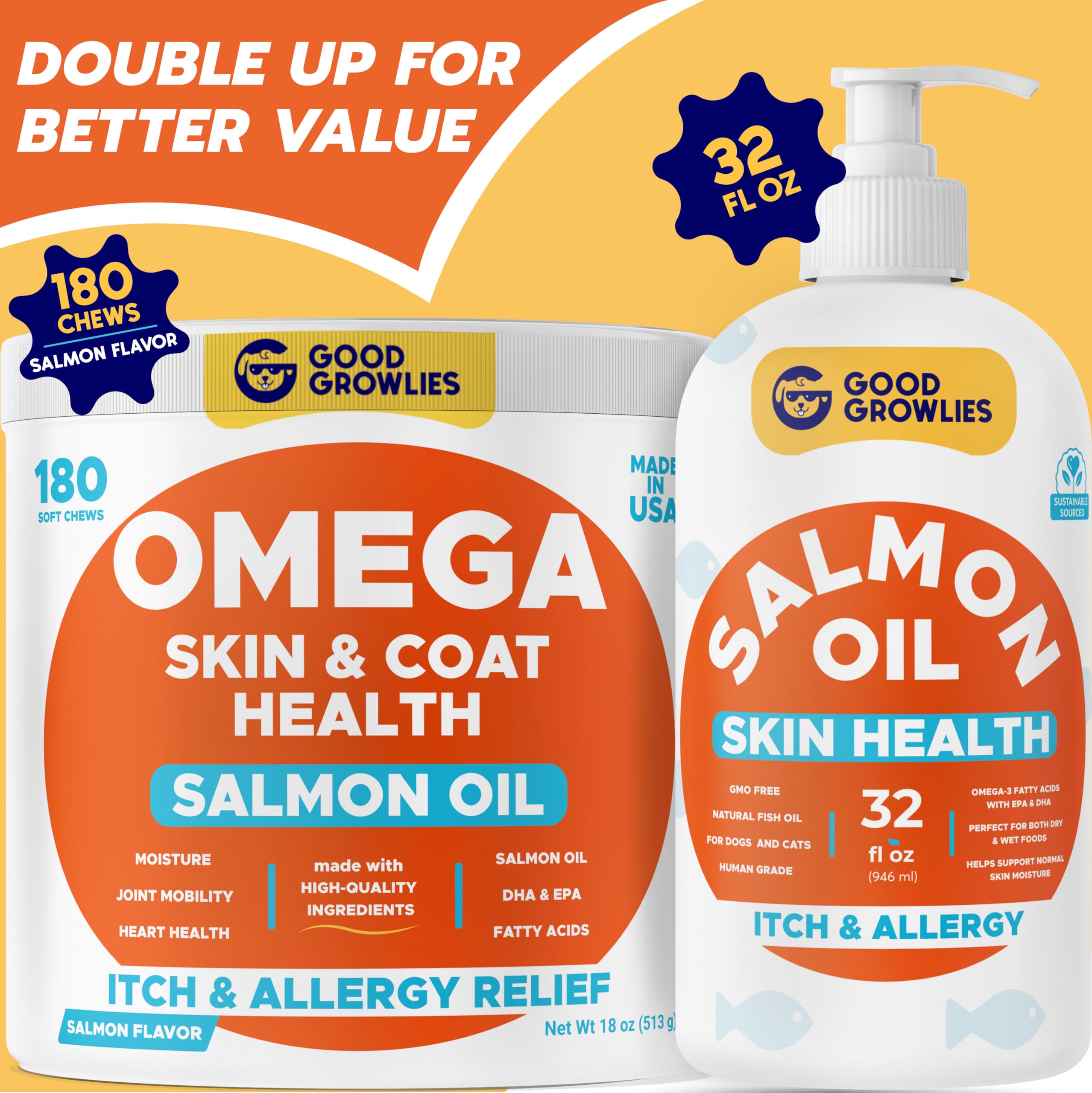 Omega 3 Treats + Salmon Oil for Dogs - Dry & Itchy Skin Relief + Allergy Support - Shiny Coats - EPA&DHA Fatty Acids - Natural Salmon Oil Chews Promotes Hip & Joint Support - Salmon Flavor