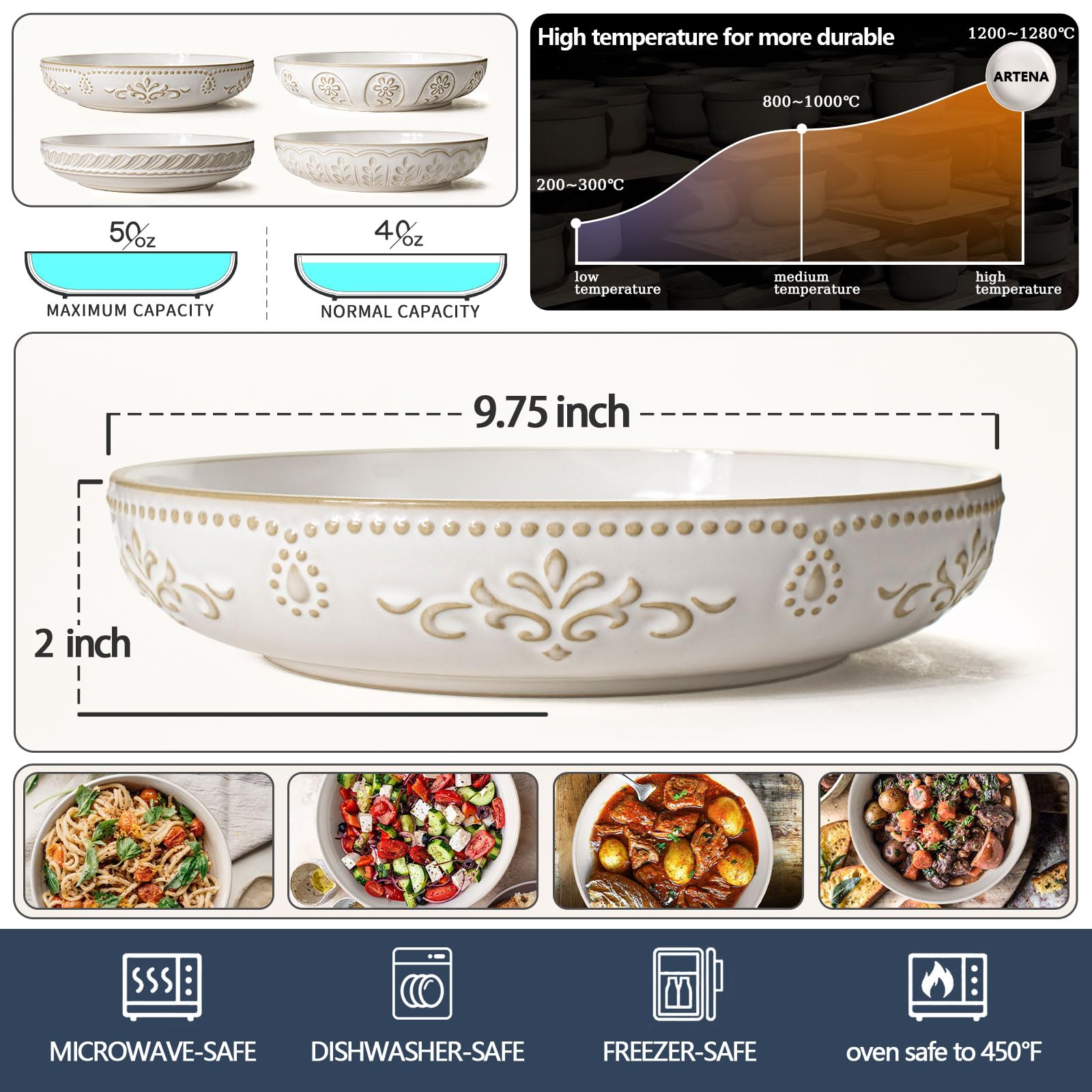 Artena Pasta Bowls, 50oz Large Salad Serving Bowls, 9.75'' Plates Bowls Set of 4, Big White Ceramic Soup Bowls for Kitchen, Embossment Shallow Dinner Bowl, Microwave Dishwasher Safe, Multiple Patterns