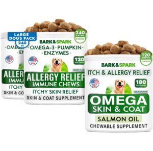 allergy relief chews + omega 3 for dogs - oil treats for dog shedding, skin allergy, itch relief, hot spots treatment - joint health - skin & coat supplement - epa & dha fatty acids - salmon & chicken