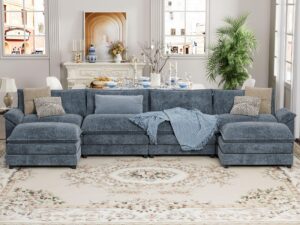 yeshomy sectional modular sofa u shaped chenille fabric couch with high supportive & soft sponges and removable ottoman, sleeper comfy upholstered furniture for living room, blue