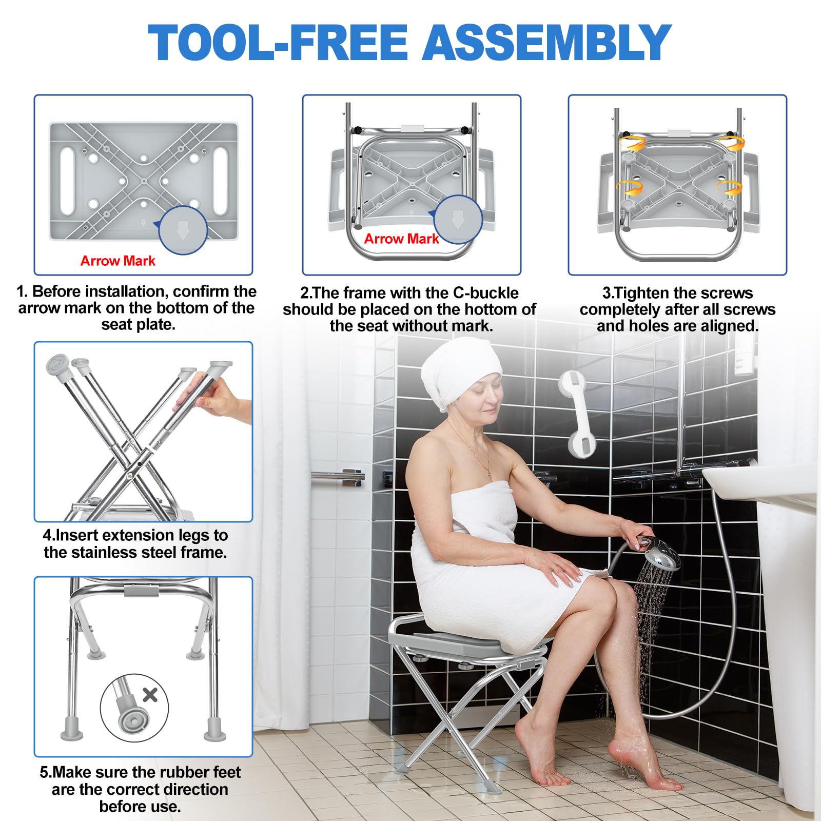 UGarden Folding Shower Chair Seat, Stainless Steel Small Shower Chair for Inside Shower with Pad/Grab Bar, 400lbs Portable Travel Shower Stool, Safety Anti-Slip Bath Chair for Seniors, Disabled, Gray