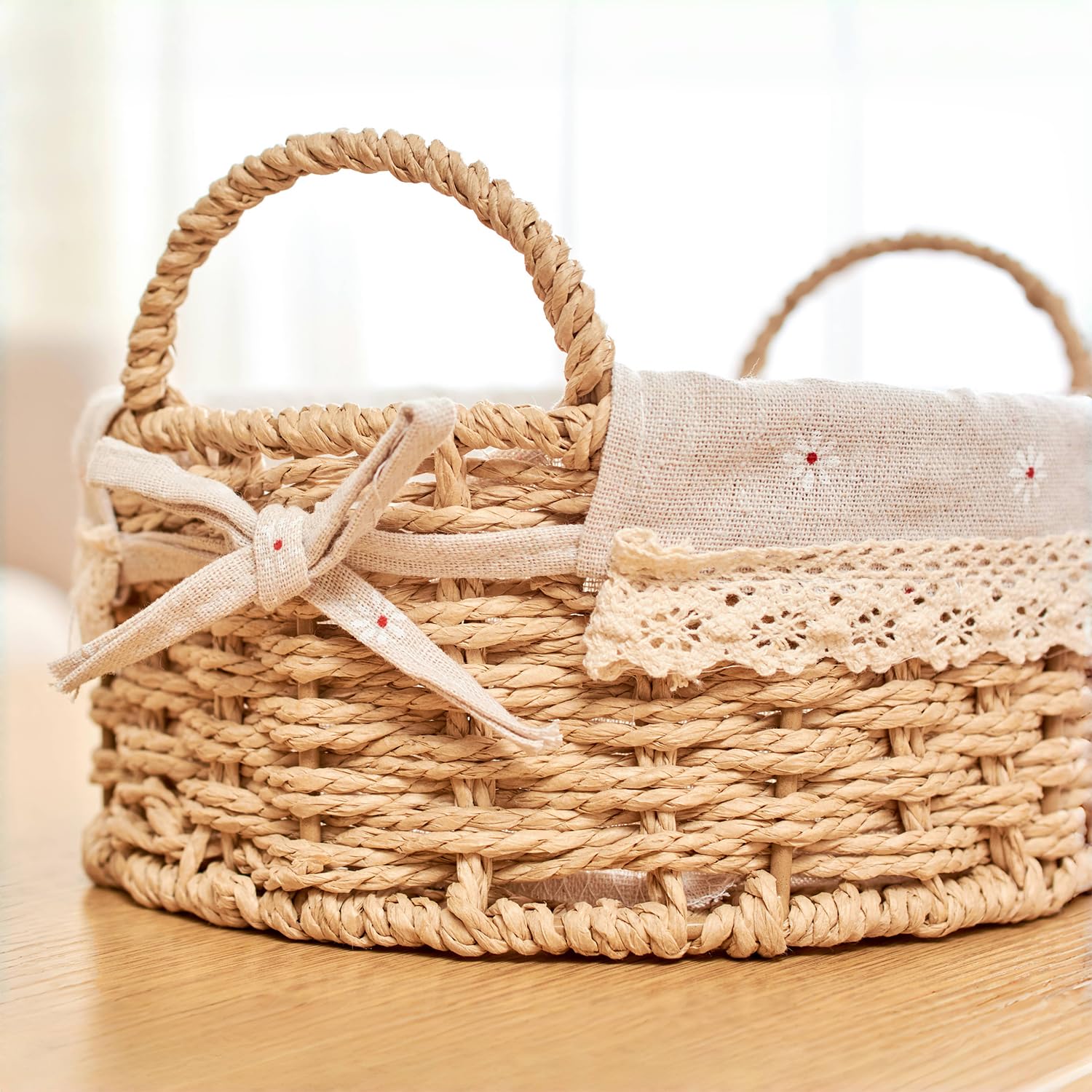 GIB Wicker Storage Baskets for Shelves, Small Wicker Baskets for Organizing, Decorative Natural Paper Rope Woven Serving Baskets Trays with Handle and Liner, Set of 2