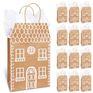 jarthenaamcs 12pcs house shaped gift bags winter snow house kraft paper bags with tissue paper rustic christmas candy treat bags for xmas holiday housewarming estate agent gifts