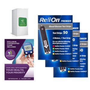 relion premier blood glucose test strips 50ct (3 pack) bundle with exclusive better ligth&spring guide living well with diabetes - (4 items)