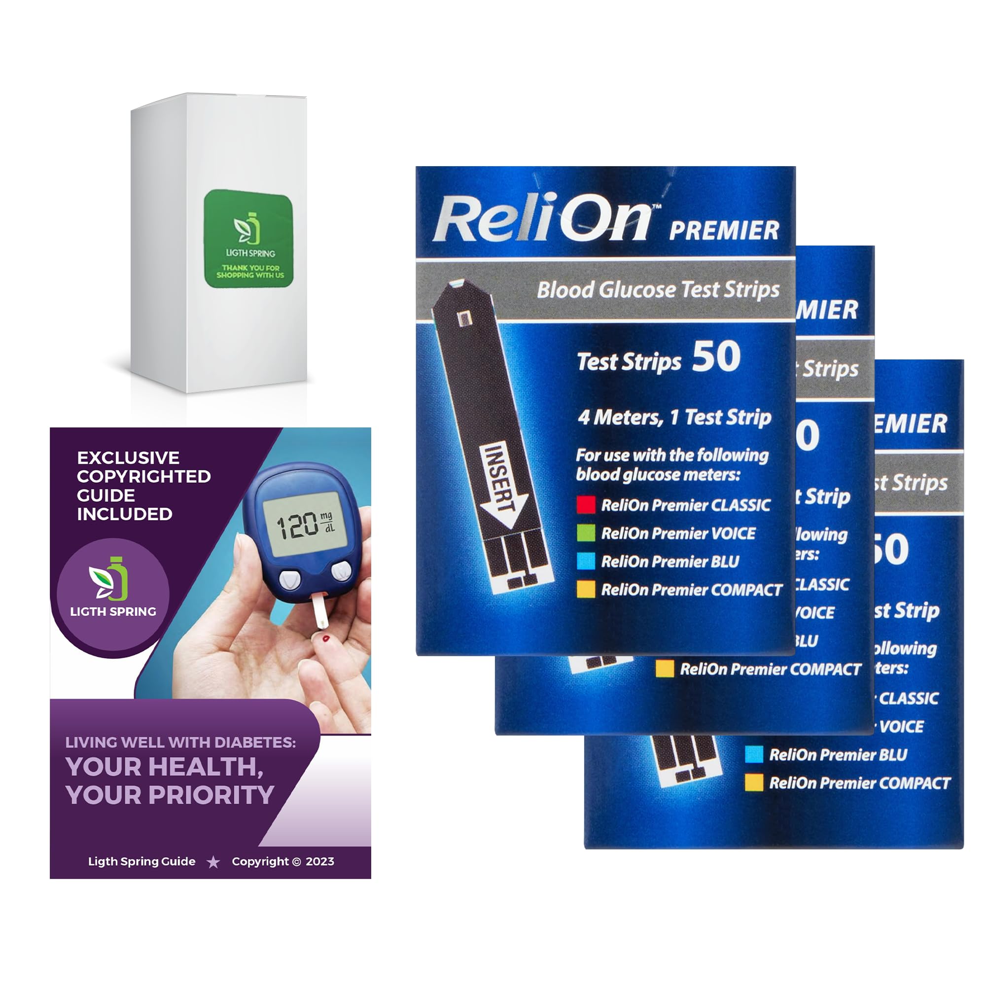 Relion Premier Blood Glucose Test Strips 50ct (3 Pack) Bundle with Exclusive Better Ligth&Spring Guide Living Well with Diabetes - (4 Items)