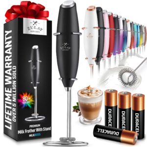 zulay powerful milk frother (4 duracell batteries included) - handheld milk frother wand drink mixer for coffee - powerful milk foamer for cappuccino, frappe, matcha & coffee creamer - black