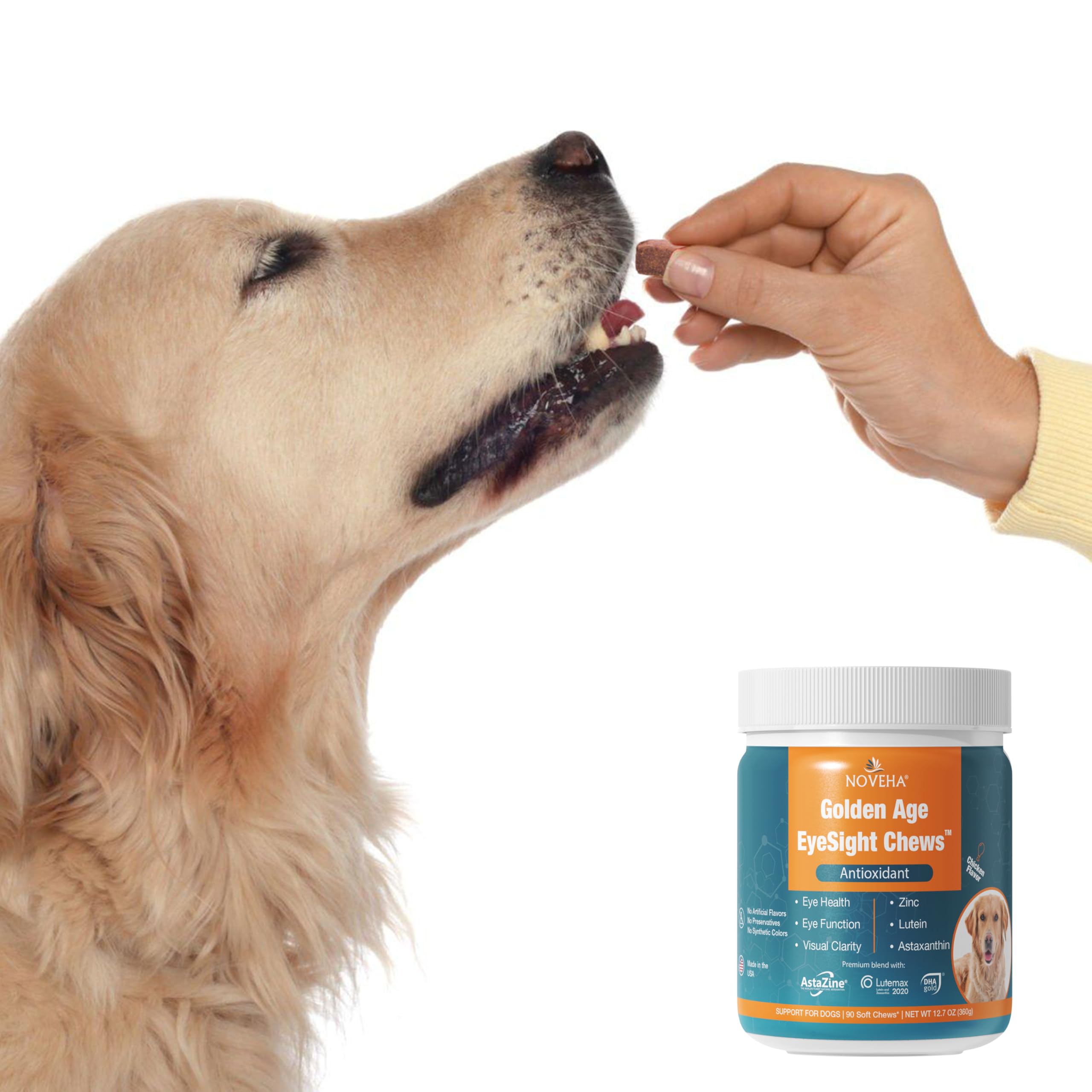 NOVEHA Eye Supplement for Dogs (90 Chews)- Vision Support with Lutein + Vitamin C & Astaxanthin Antioxidants - Dog Vitamins for Eyes + Fish Oil for Omega 3 EPA - Made in USA