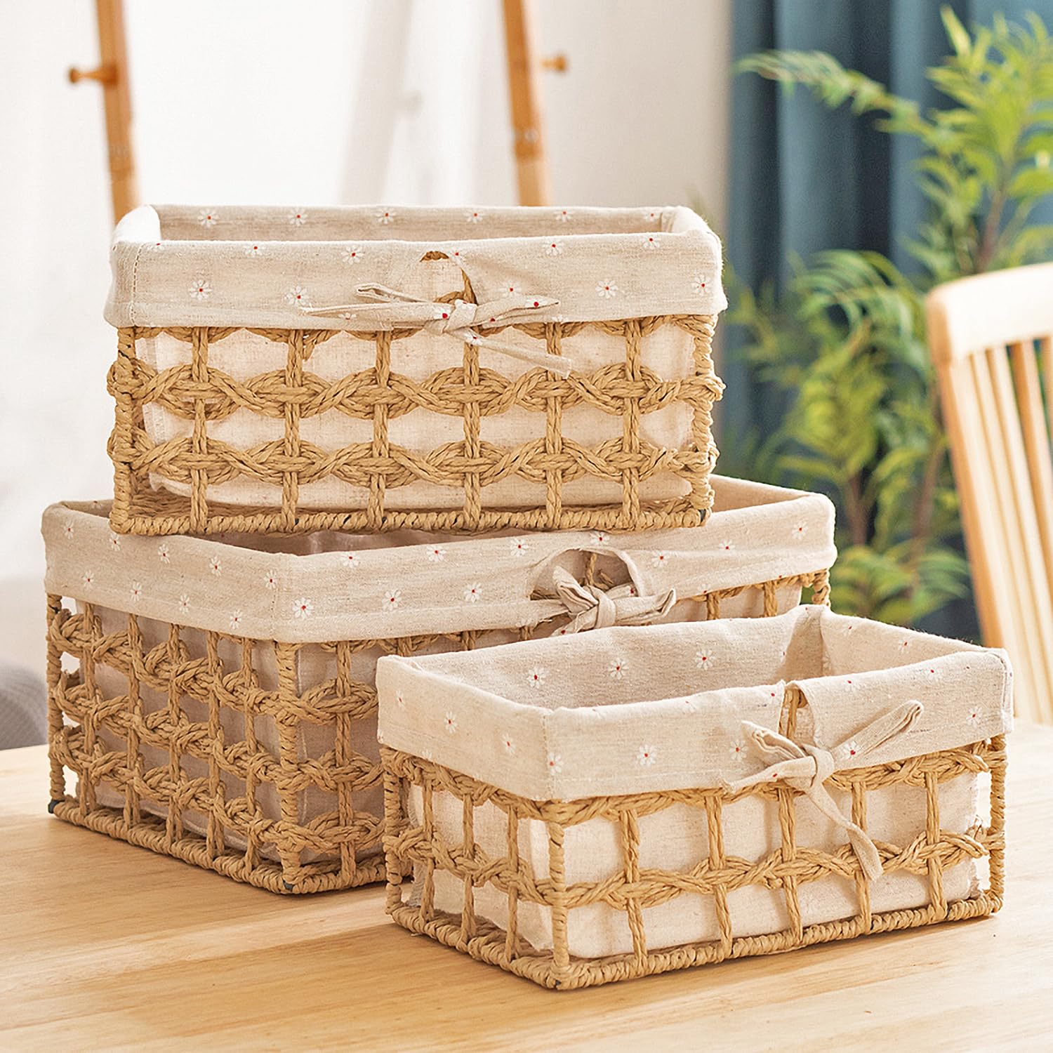 GIB Wicker Storage Baskets Set of 3, Hand-Woven Paper Rope Decorative Rectangular Small Wicker Baskets for Organizing, Cube Storage Bins for Shelves, Natural