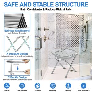 UGarden Folding Shower Chair Seat, Stainless Steel Small Shower Chair for Inside Shower with Pad/Grab Bar, 400lbs Portable Travel Shower Stool, Safety Anti-Slip Bath Chair for Seniors, Disabled, Gray