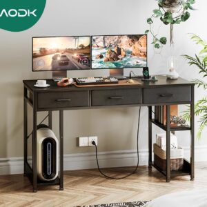 AODK 48 Inch Gaming Desk with Fabric Drawers & Power Outlets, Computer Desk with Storage Shelves & CPU Stand, Gamer Table, Writing Study Desk with Type-C & USB, Small Desk for Bedroom, Black