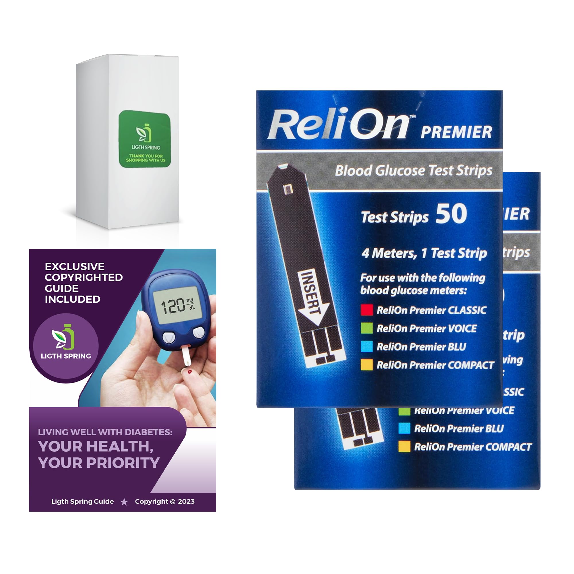 Relion Premier Blood Glucose Test Strips 50ct (2 Pack) Bundle with Exclusive Living Well with Diabetes: Your Health, Your Priority - Better Light&Spring Guide (3 Items)