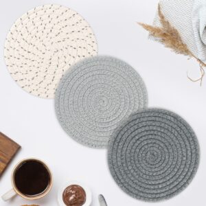 maqihan woven trivets for hot dishes - 3 pcs hot pot pads for table large trivets set kitchen dish plate dinner mat modern cotton round woven trivet placemats pot holders protector for bowls