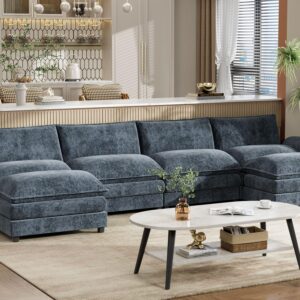 YESHOMY Sectional Modular Sofa U Shaped Chenille Fabric Couch with High Supportive & Soft Sponges and Removable Ottoman, Sleeper Comfy Upholstered Furniture for Living Room, Blue