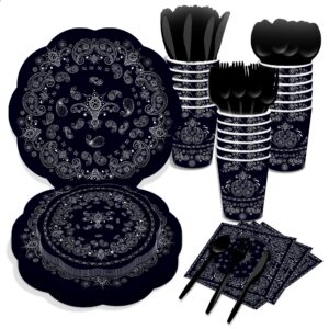 cc home black bandana party supplies serves 16, paisley print party plates napkins cups knives forks spoons party decoration set for western cowboy birthday baby shower bridal garden party tableware