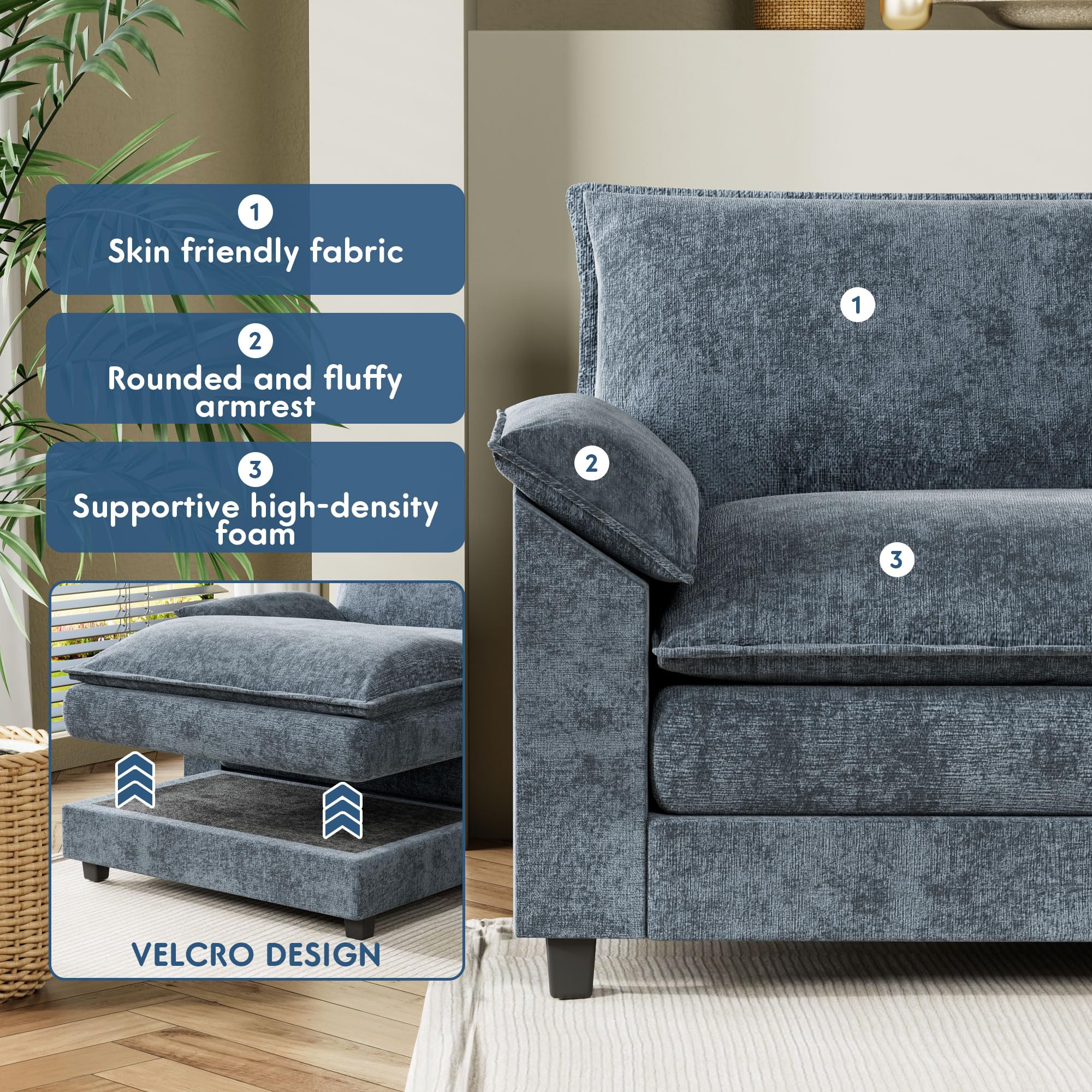 YESHOMY Sectional Modular Sofa U Shaped Chenille Fabric Couch with High Supportive & Soft Sponges and Removable Ottoman, Sleeper Comfy Upholstered Furniture for Living Room, Blue