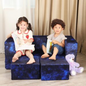 MOMCAYWEX 3pcs Kids Play Couch for Toddler, 3-in-1 Kids Couch Fold Out, Imaginative Kids Couch Play Set, Dark Blue Universe