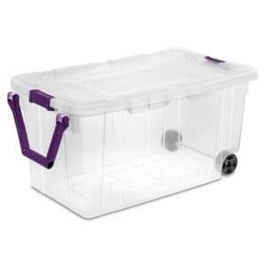 40 gallon, 160 qt. wheeled storage box plastic, sweet plum, set of 2 (clear base/purple latches)