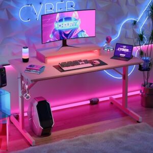 bestier small gaming desk with monitor stand, 42 inch led computer desk, gamer workstation with cup holder & headset hooks, modern simple style desk for home office, carbon fiber pink