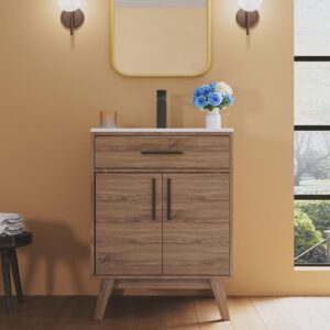 AMERLIFE 24.5" Bathroom Vanity with Sink Combo, Mid-Century Modern Small Single Bathroom Cabinet Set, Integrated Sink, Soft Closing Doors with Metal Handles, Bath Vanity Brown