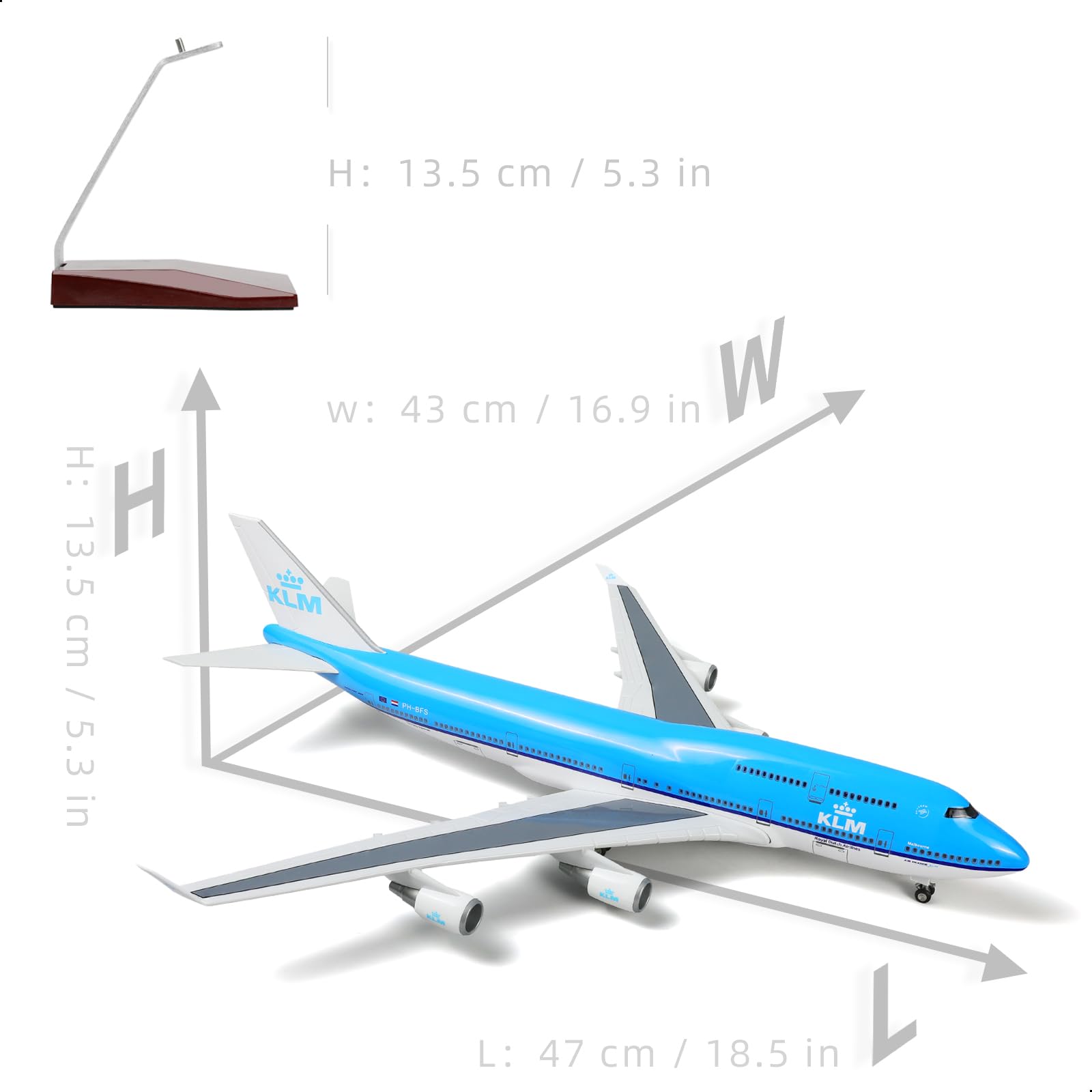 QIYUMOKE Boeing 747 NL-KLM 1/160 Large Scale Airplane Model -17 inches (Long) Die-cast Airplane Model for Adult -Model Plane 747 with Stand for Aviation Enthusiasts Gifts or Display Decorations