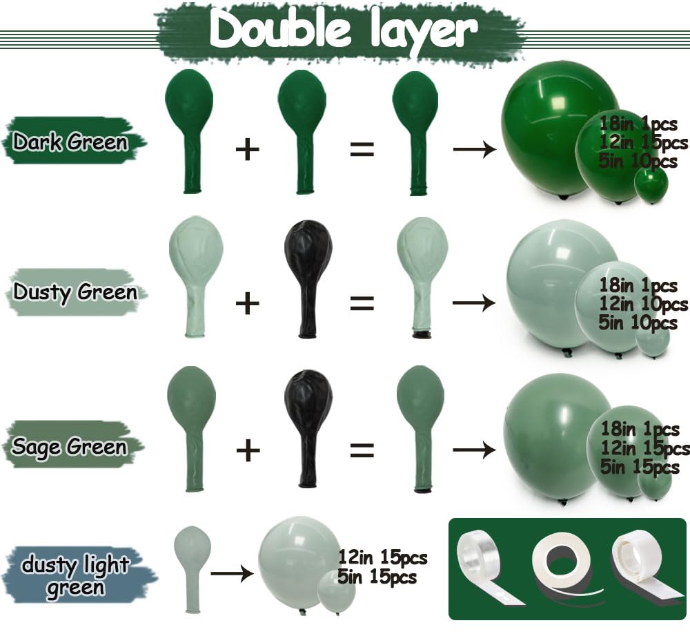 Dark Green and Sage Green Balloon Garland Double Stuffed Dusty Sage Green Balloons Forest Emerald Green Balloons Green Balloon Arch Kit for Baby Shower St. Patrick's Day Jungle Birthday Party Decor