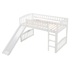 Bellemave Twin Loft Bed with Slide and Ladder, Low Loft Bed for Kids, Wood Loft Bed, for Boys Girls,White