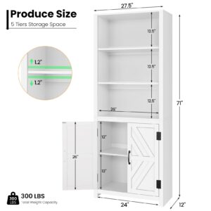 SEJOV Bookshelf 5 Tier Tall Bookcase with Doors Storage and 3-Tier Open Shelves Wood Farmhouse Bookshelves Cabinet Organizer for Living Room, Study, Kitchen, Home Office, White