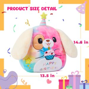 PLAYNICS Large Birthday Happy Dog Plush Pillow Stuffed Animal Toy,14.5" Big Size Cute Soft Toys Fat Kawaii Cuddle Huggable Plushie,Gift for Kids