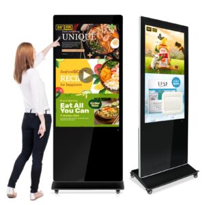 aystekmann 55" digital signage displays, 4k lcd capacitive touch screen floor standing digital signage, indoor digital adverstising kiosks with hdmi input, android 11(2+32gb)