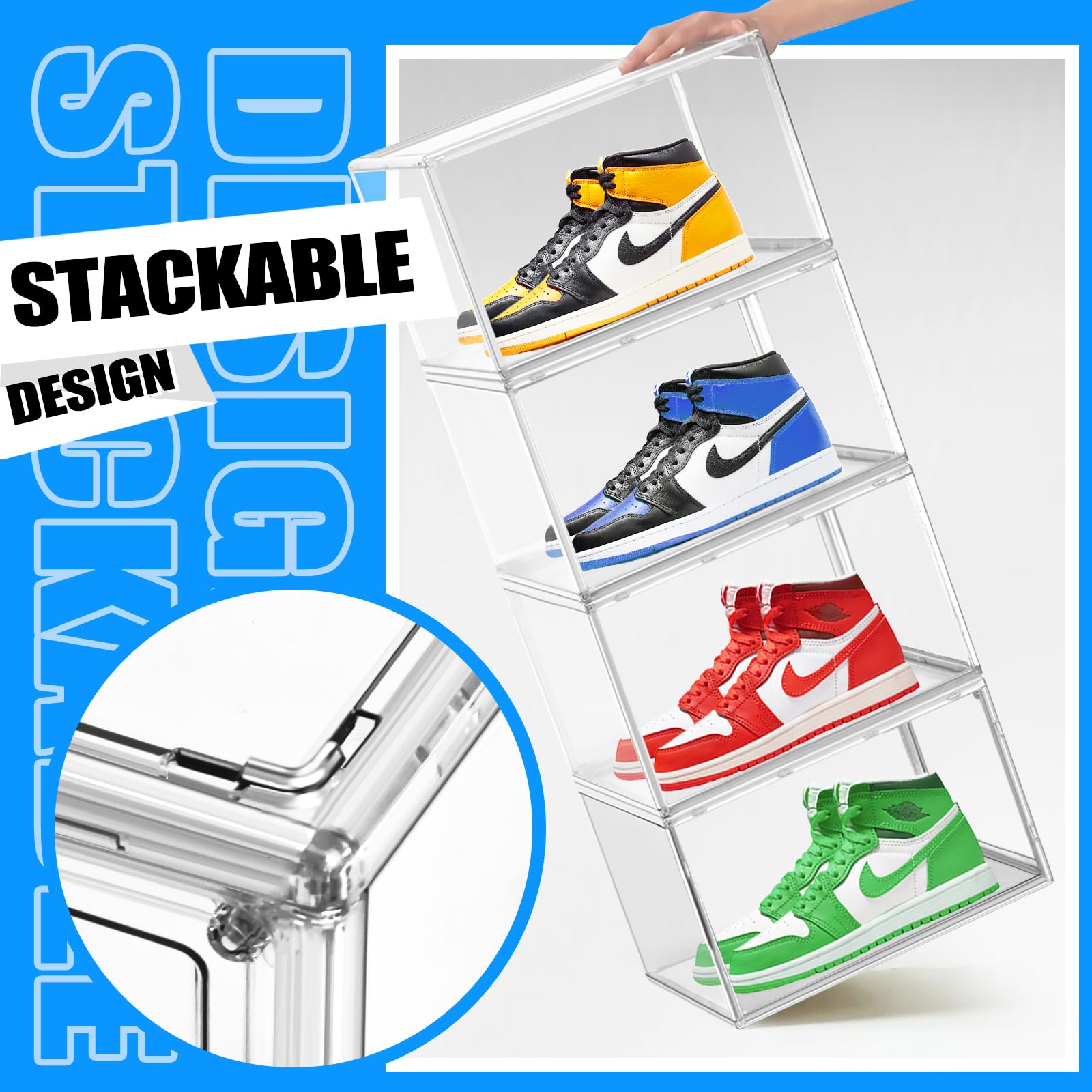 EDS FAM Shoe Boxes Crates Clear 14.1 * 10.6 * 9in Plastic Stackable Acrylic with Magnetic Door Storage for Sneakerheads Boot Display Case