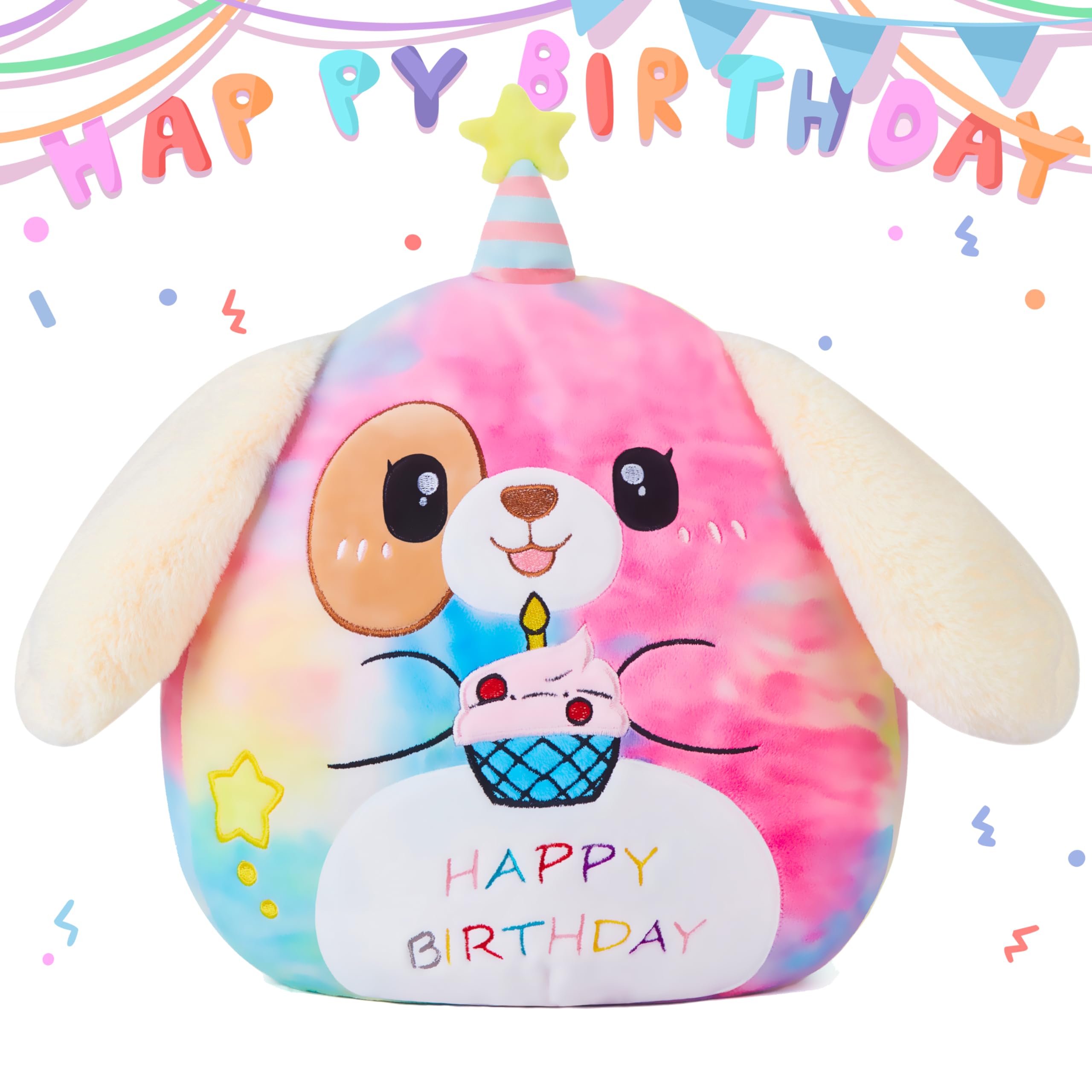 PLAYNICS Large Birthday Happy Dog Plush Pillow Stuffed Animal Toy,14.5" Big Size Cute Soft Toys Fat Kawaii Cuddle Huggable Plushie,Gift for Kids