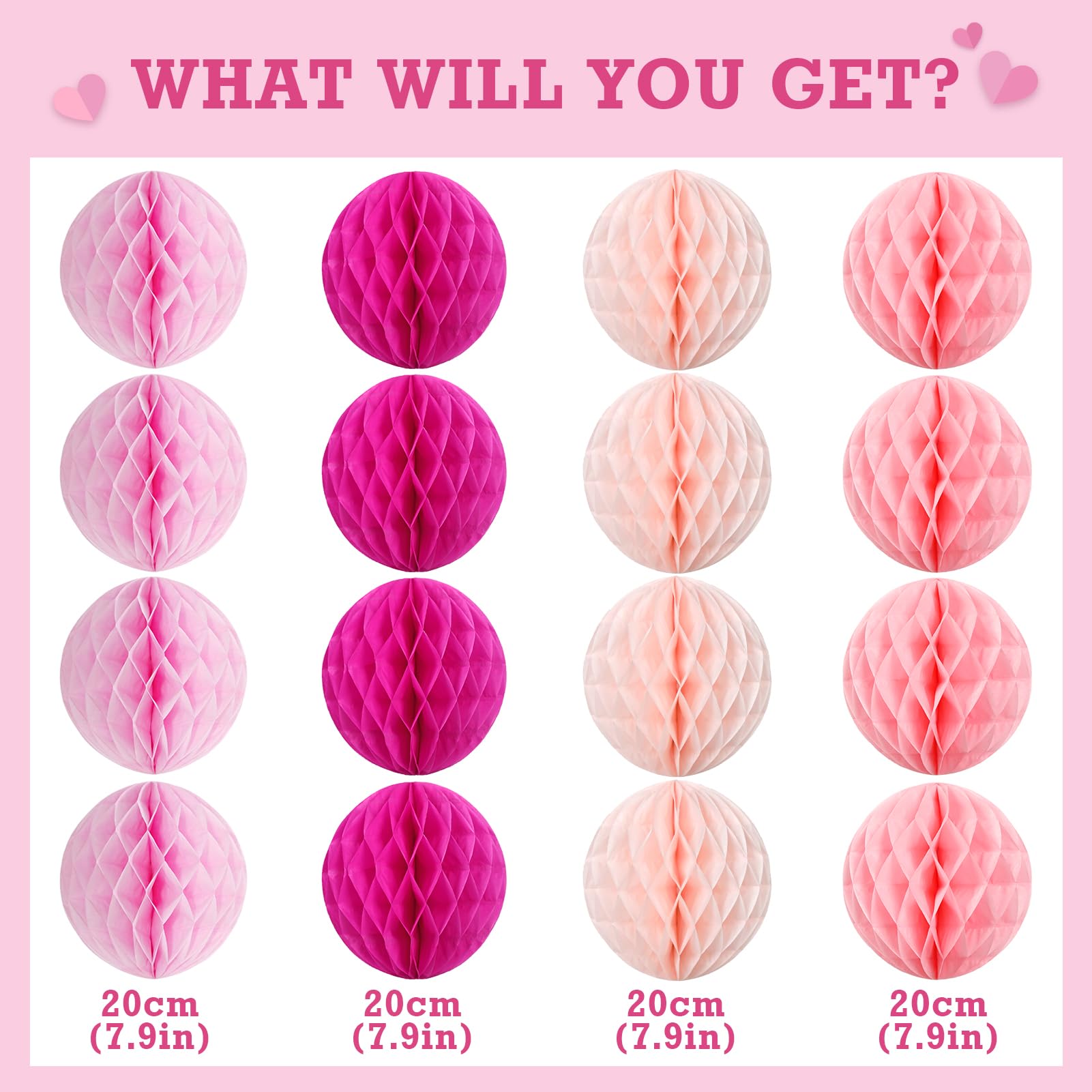 SUNBEAUTY 8'' Hanging Honeycomb Decorations Hot Pink Party Decoration Fuchsia Pink Paper Decoration for Birthday Wedding Graduation Events Accessories,Set of 16