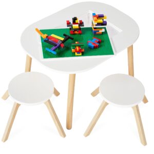 best choice products 2-in-1 kid's wooden building block table, construction activity center for playroom, child development w/reversible tabletop, 2 stools, storage compartment