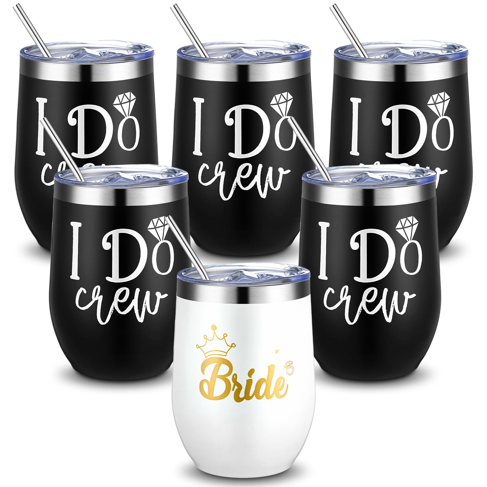 Sunnychicc 6 Pcs Bridesmaid Wine Tumblers I Do Crew and Bride Bachelorette Party Tumbler Bridal Party Proposal Gifts 12oz Tumbler Bachelorette Gifts for Bridal Bridesmaids(White and Black)