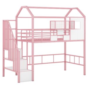 Twin Loft Bed with Stairs, Roof, Window and Full-Length Guardrail, House Loft Bed/Heavy Duty Metal Loft Bed with Storage Box and Storage Stairs, Pink Loft Bed Twin Size