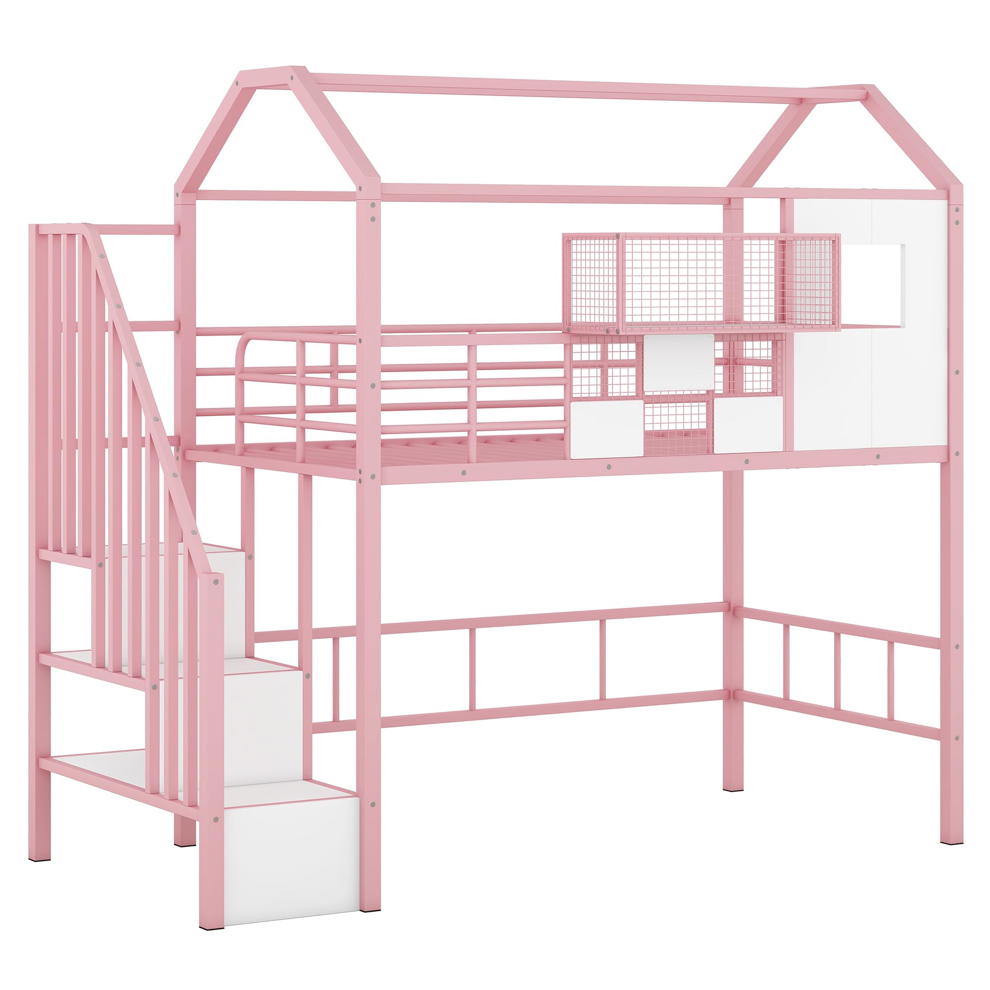 Twin Loft Bed with Stairs, Roof, Window and Full-Length Guardrail, House Loft Bed/Heavy Duty Metal Loft Bed with Storage Box and Storage Stairs, Pink Loft Bed Twin Size