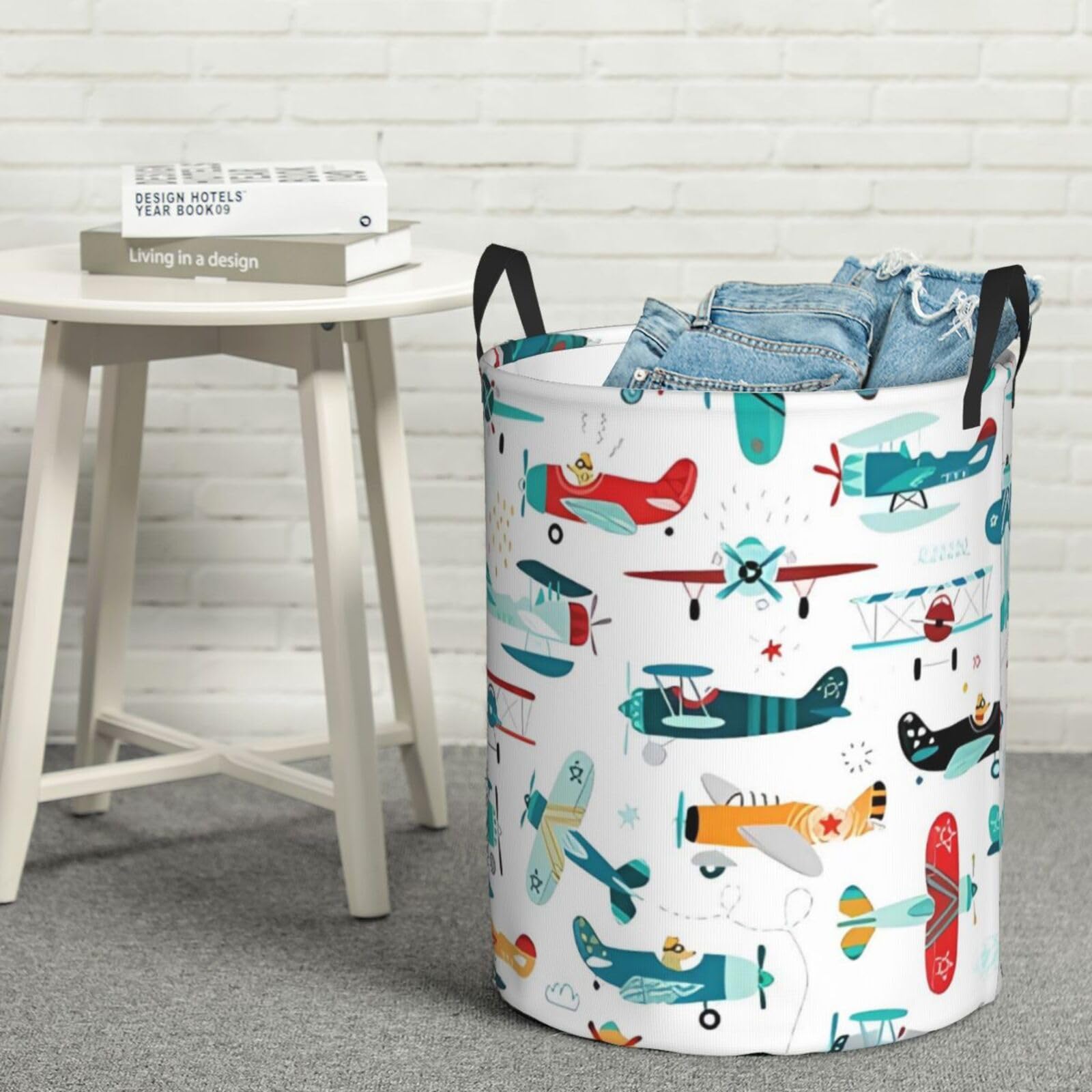 Cartoon Airplanes Laundry Basket Waterproof Collapsible Laundry Hamper with Durable Handle Round Storage Basket Dirty Clothes Organizer for Bedroom Bathroom College Dorm