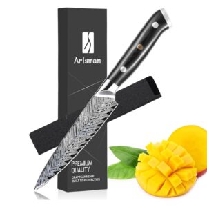 arisman 5 inch utility knife, japanese damascus steel paring knife, sharp vg10 fruit slicing knife, small kitchen knife with full tang ergonomic g10 handle