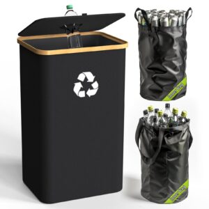 pakusane recycling bin for kitchen indoor home, large 26 gallon 100l recycle bin with lid removeable reusable inner bag bottle can glass waste plastice stickers,black