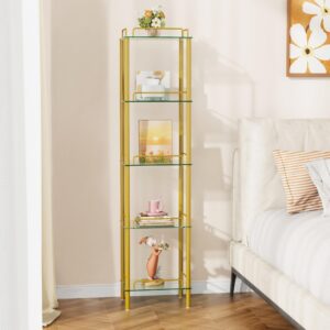 FAVOOSTY 5-Tier Bookcase, Tempered Glass Bookshelves, Narrow Bookshelf for Small Spaces, Storage Rack Display Shelf Slim Shelving Unit for Living Room, Bedroom, Bathroom, Entryway, Office, Golden