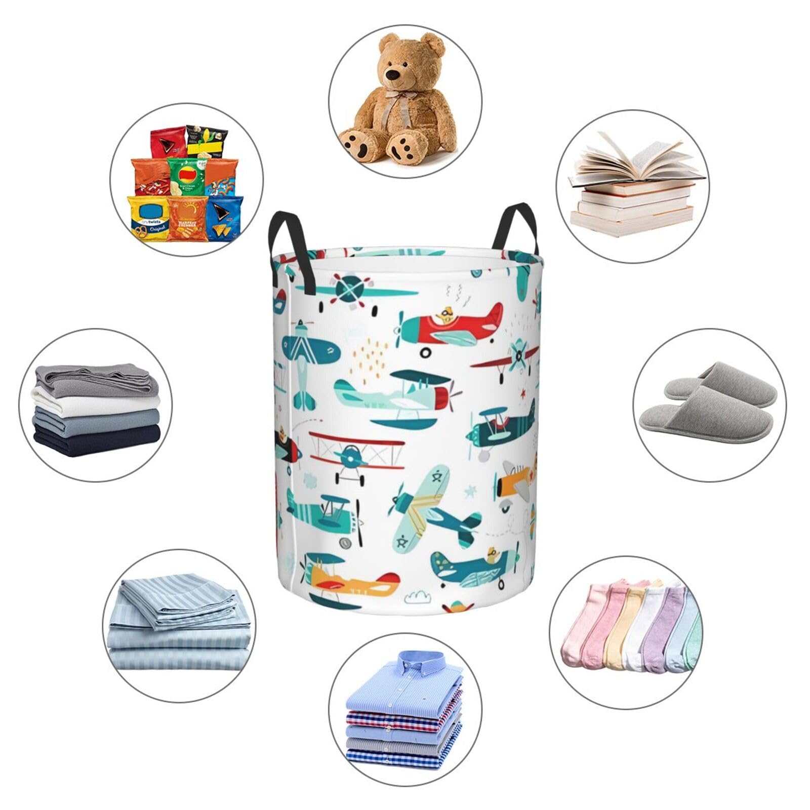 Cartoon Airplanes Laundry Basket Waterproof Collapsible Laundry Hamper with Durable Handle Round Storage Basket Dirty Clothes Organizer for Bedroom Bathroom College Dorm