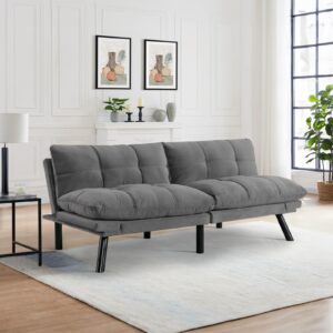 convertible velvet futon sofa bed, comfy 72" l sleeper couch with thicker cushion, upholstered modern reclining loveseat folding sofa for small living room, dorm, apartment, office, light gray