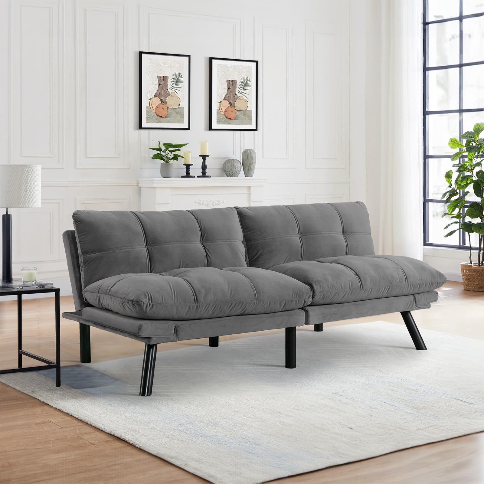 Convertible Velvet Futon Sofa Bed, Comfy 72" L Sleeper Couch with Thicker Cushion, Upholstered Modern Reclining Loveseat Folding Sofa for Small Living Room, Dorm, Apartment, Office, Light Gray