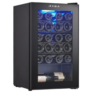 garvee wine fridge 24 bottle, wine cooler refrigerator with 40~61°f digital temperature control, freestanding wine cellar for red white wine, champagne, beer with blue interior light